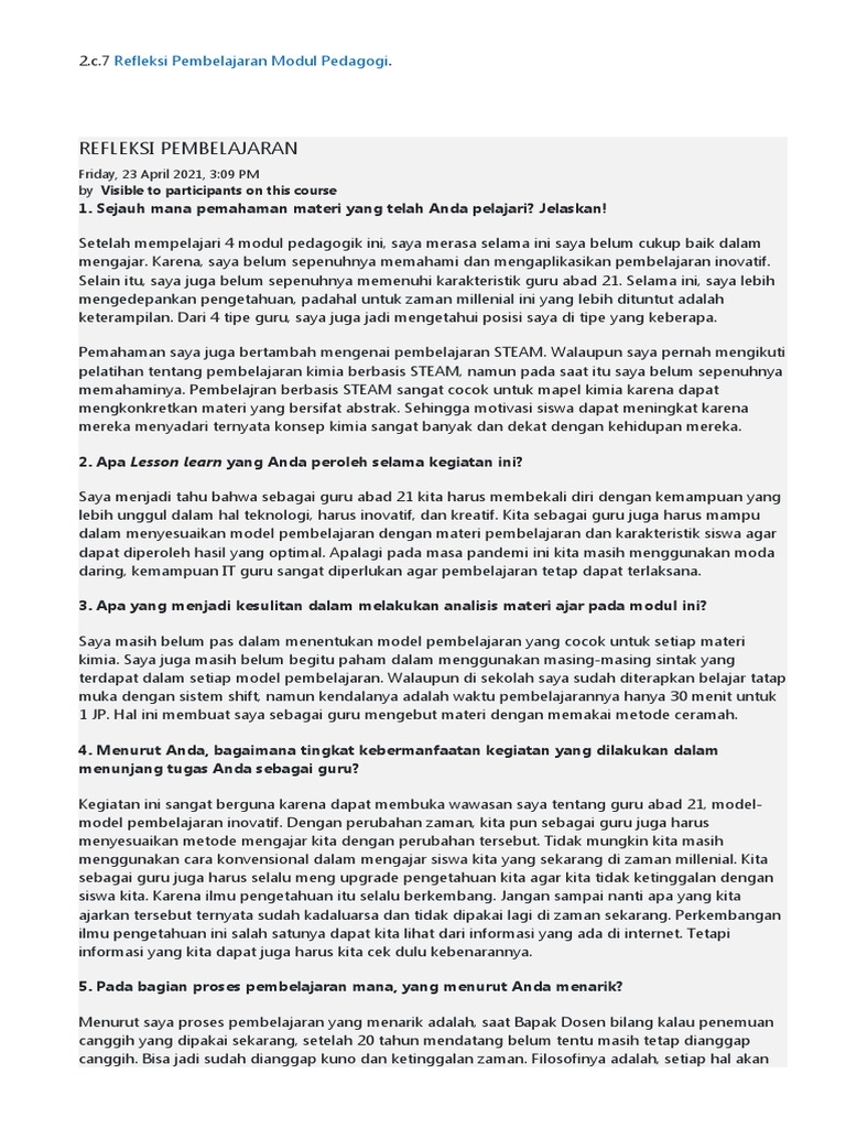 2.c7. Refleksi Pembelajaran Modul Pedagogi CONTOH | PDF | Karier ...