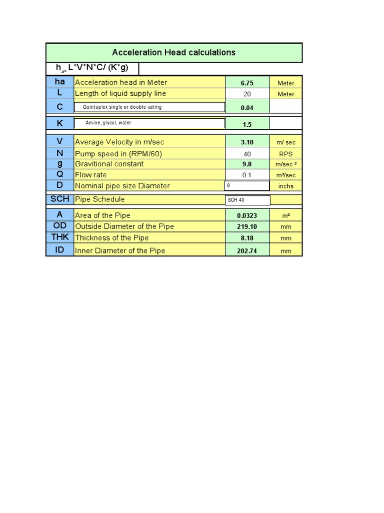 5-Acceleration Head Calculation Sheet | PDF | Pipe (Fluid Conveyance ...