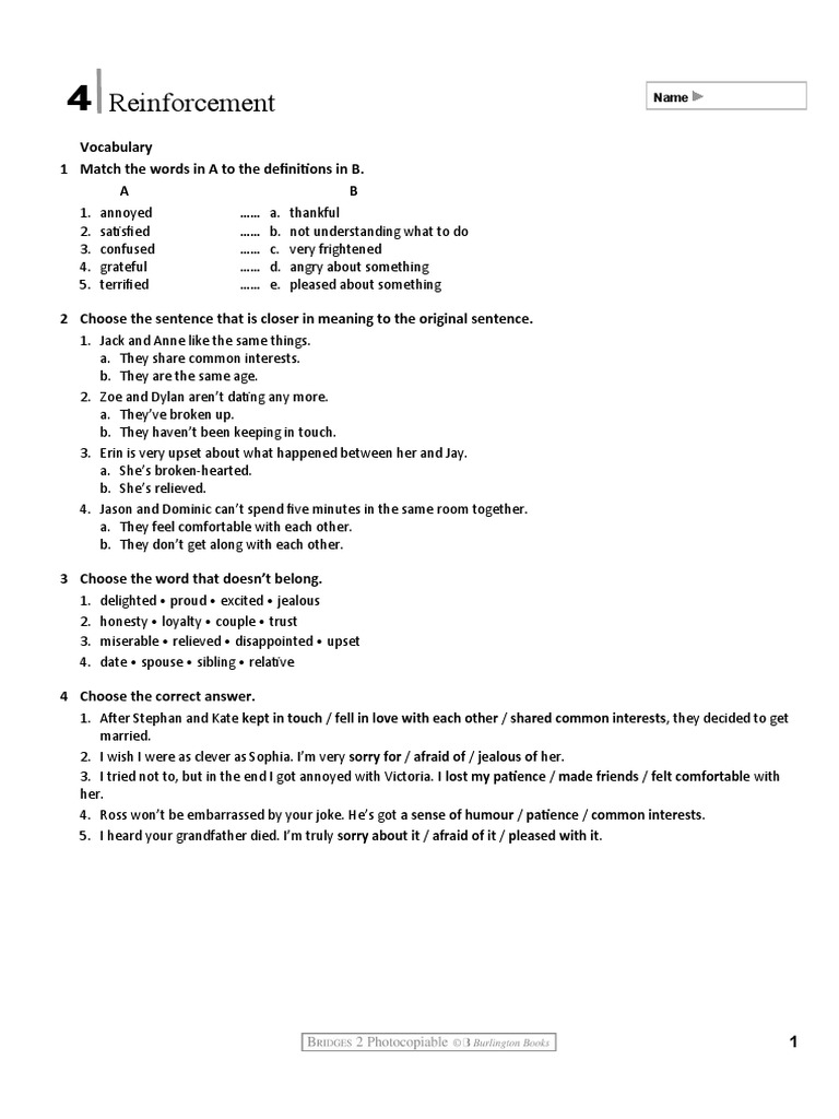 Reinforcement: Vocabulary 1 Match The Words in A To The Definitions in ...