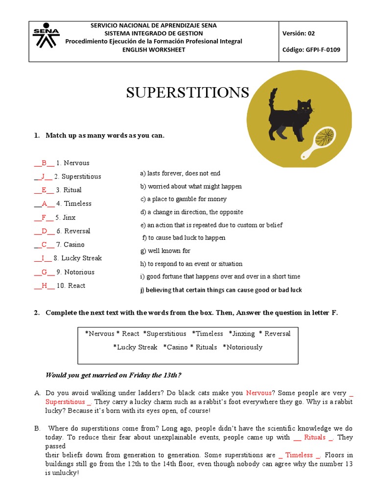 Superstitions: 1. Match Up As Many Words As You Can | PDF | Luck ...