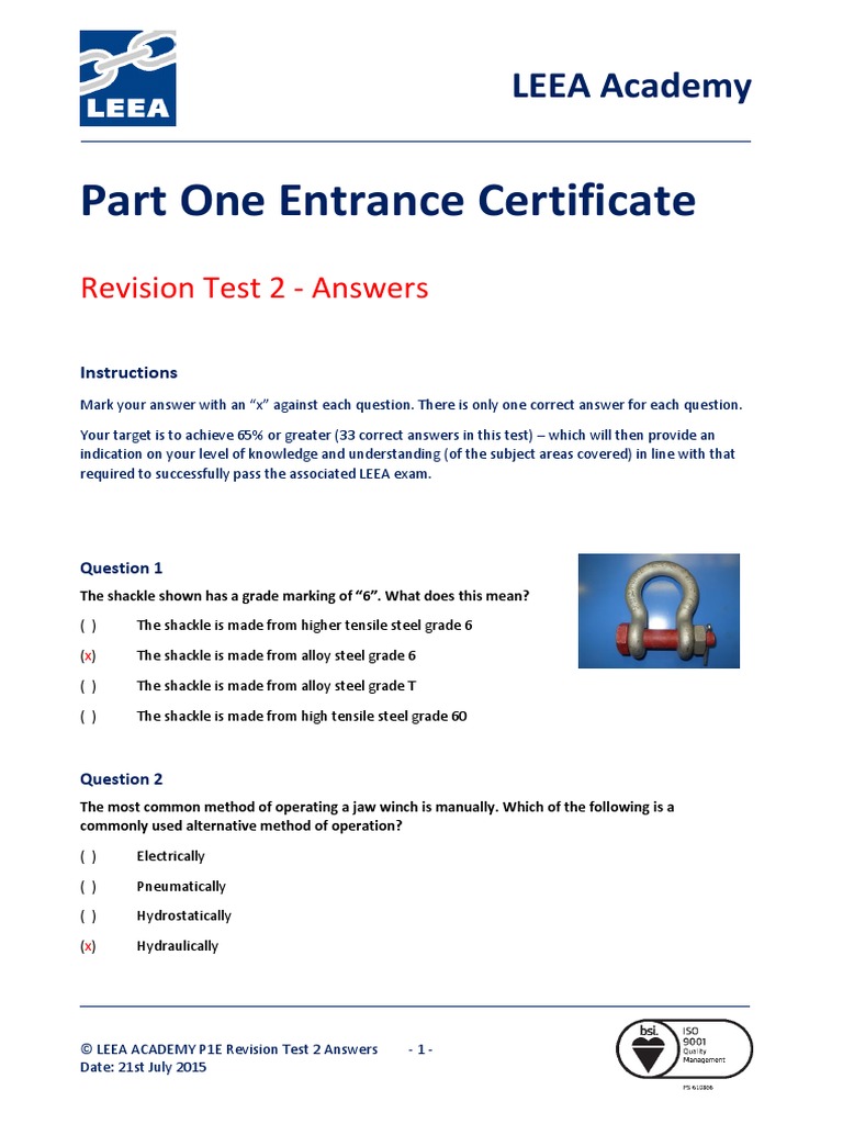 LEEA Academy P1E Revision Test 2 - July 2015 ANSWERS | PDF | Rope ...