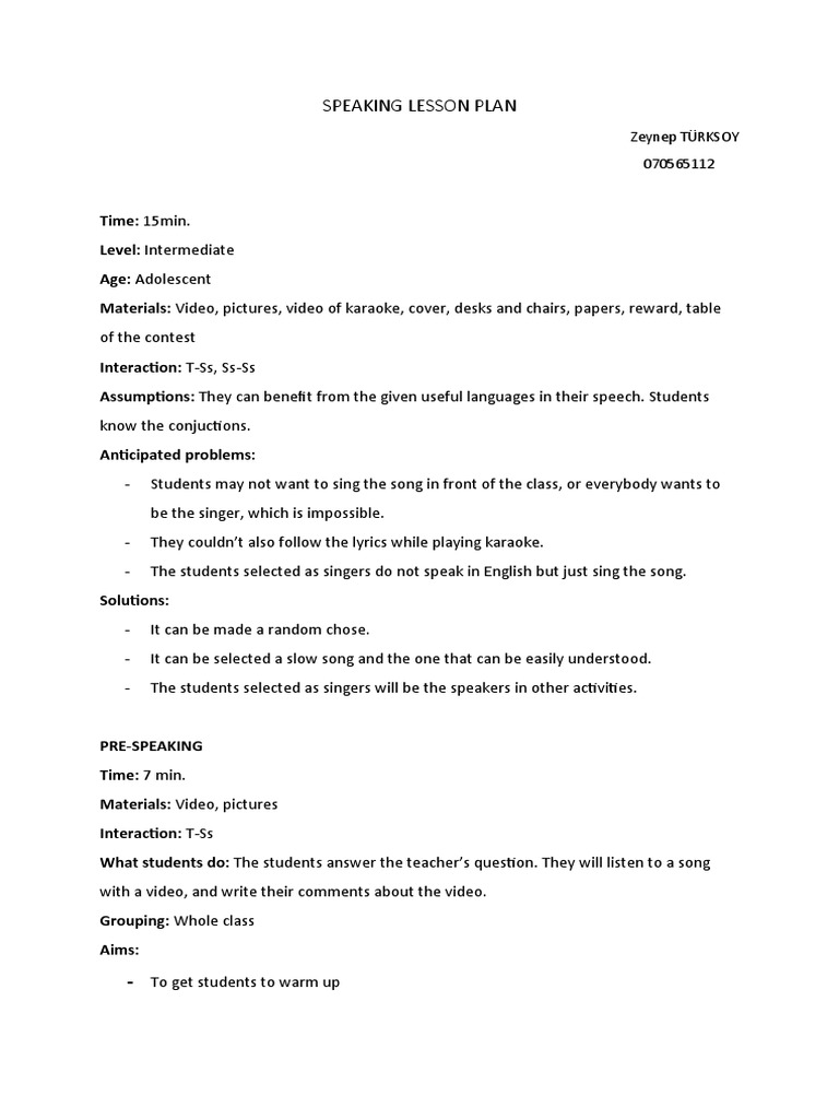 Speaking Lesson Plan | PDF | Teachers | Lesson Plan