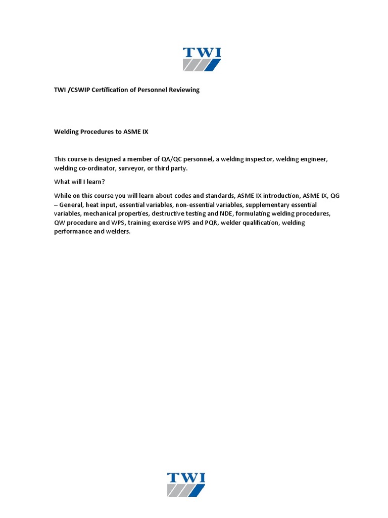 TWI /CSWIP Certification of Personnel Reviewing | PDF | Welding ...