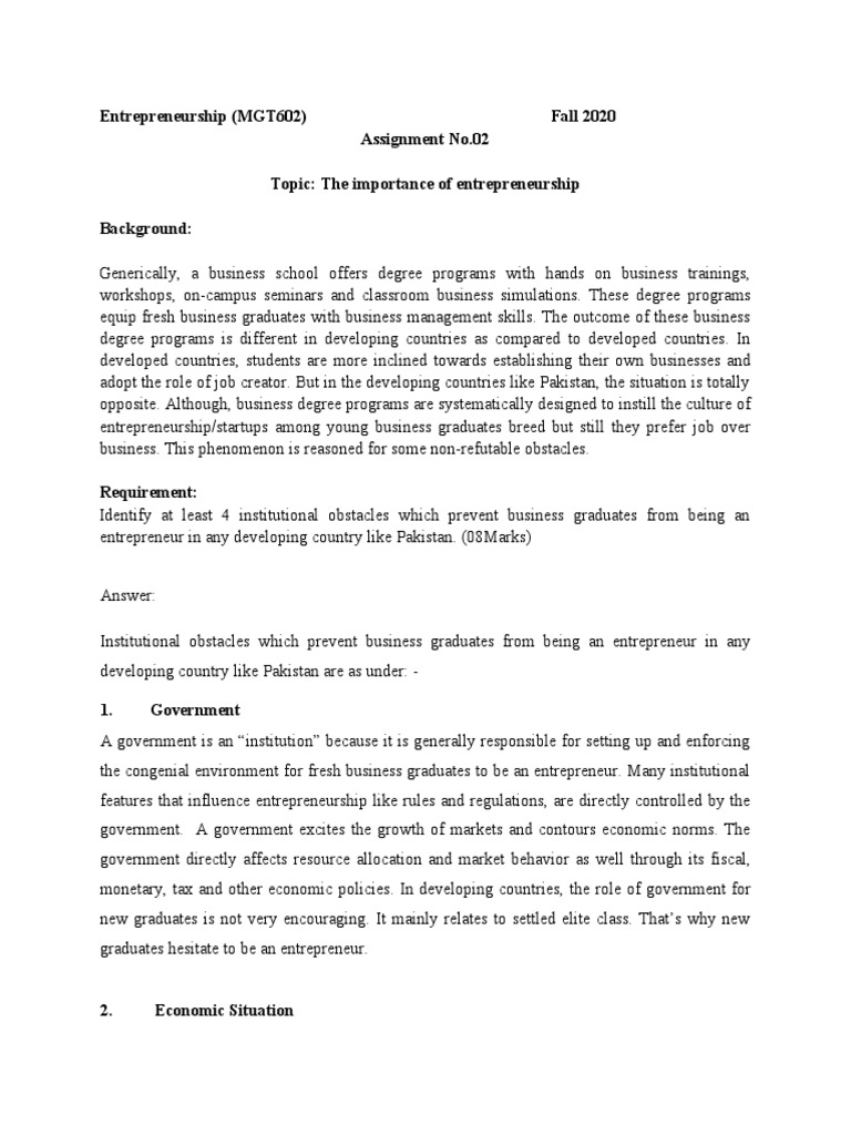 Entrepreneurship (MGT602) Fall 2020 Assignment No.02 Topic: The ...