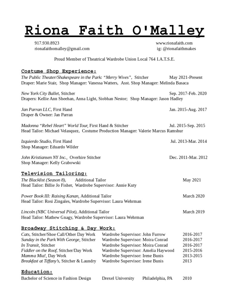 Riona Faith Resume 6-12-21 | PDF | Clothing | Textiles