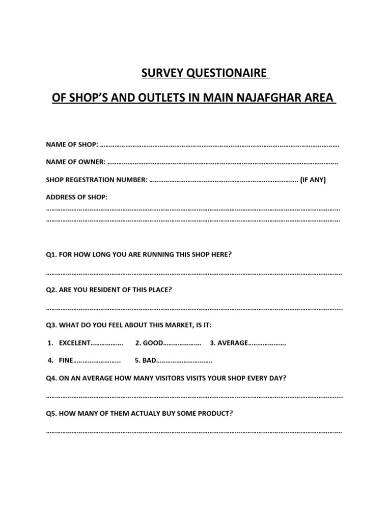 Najafghar Area Shop Survey Questionnaire | PDF | Finance & Money ...
