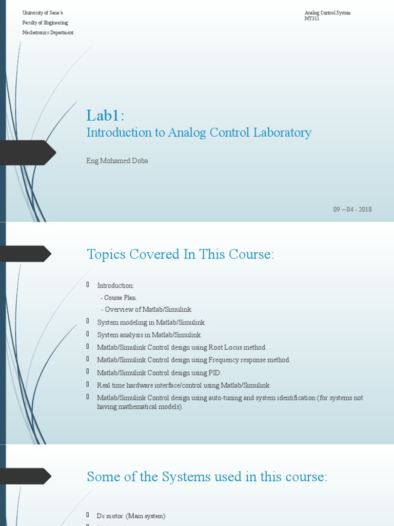 Lab1 - Introduction To Analog Control Laboratory - 09-04-2018 | PDF | Matlab | Matrix (Mathematics)