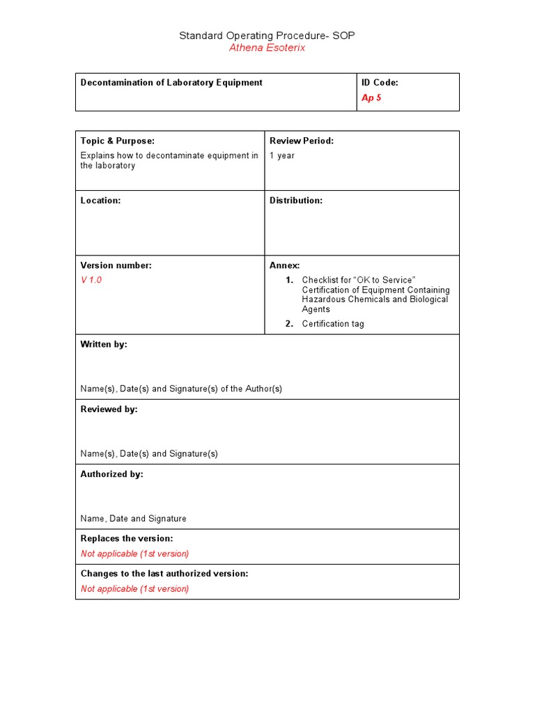 Standard Operating Procedure-SOP: Athena Esoterix | PDF | Radioactive Contamination | Laboratories