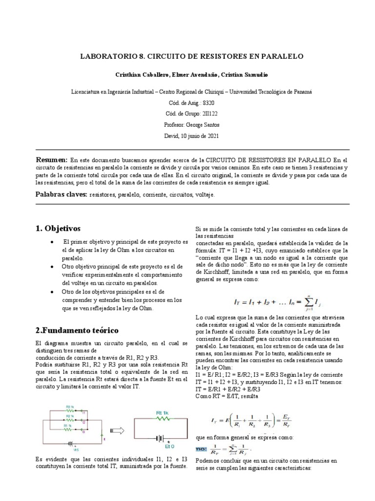 Lab 8 - Circuitos en Paralelo | PDF | Corriente eléctrica | Resistencia ...