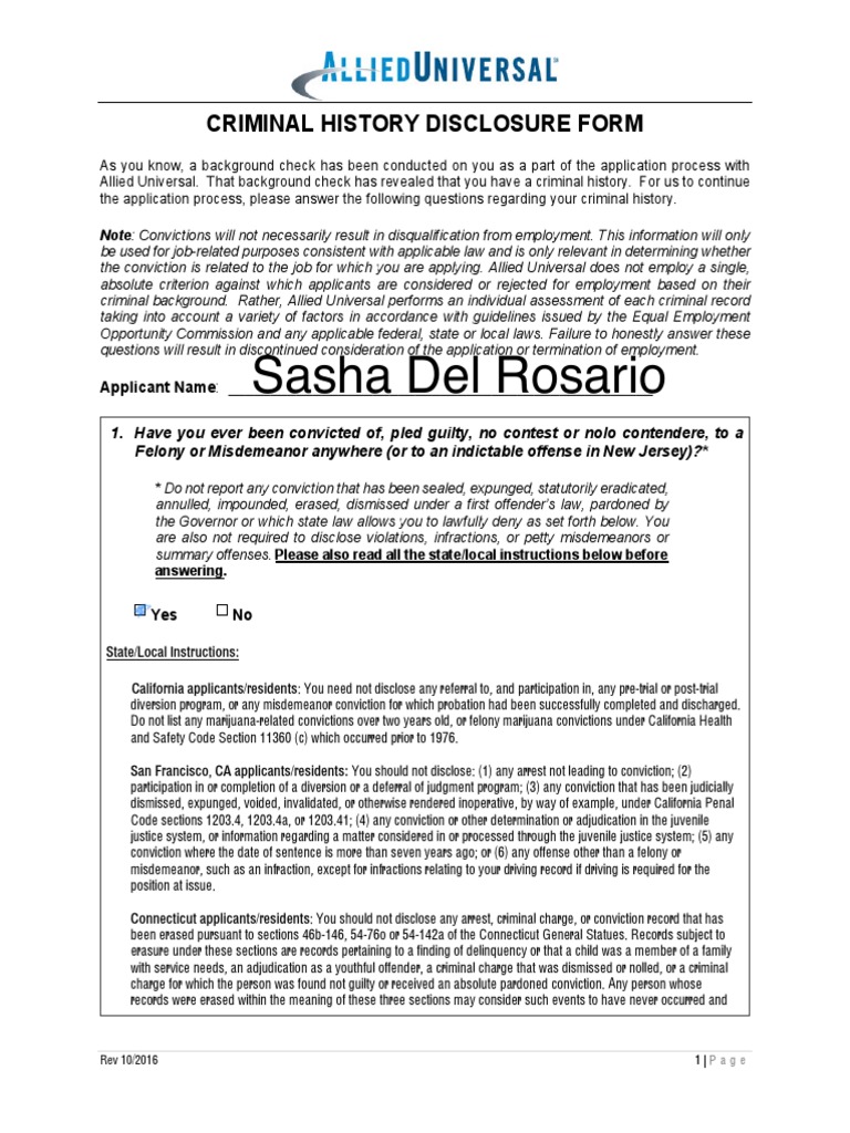 Criminal History Disclosure Form | PDF | Criminal Justice | Crime ...