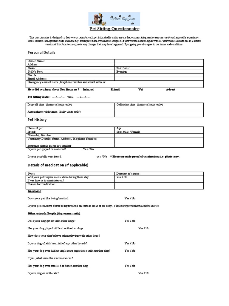 Pet Sitting Questionnaire Form | PDF