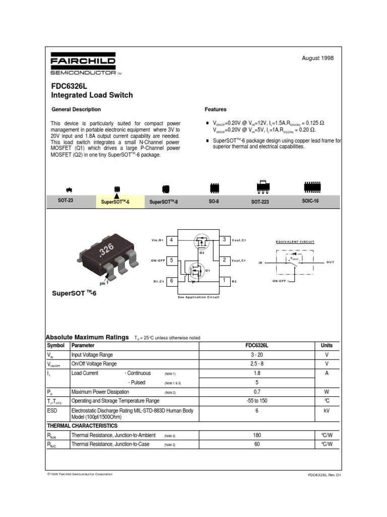 FDC6326L Integrated Load Switch: General Description Features | PDF | Electrostatic Discharge ...