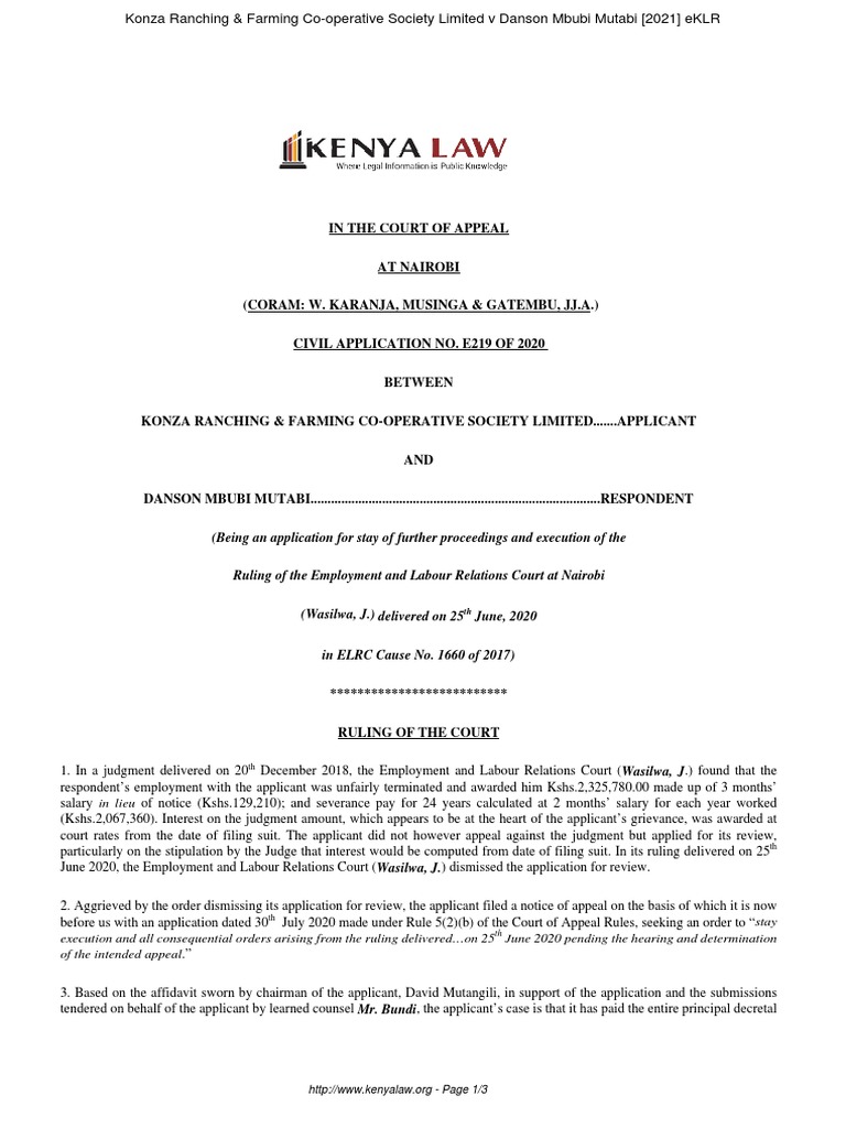 (Being An Application For Stay of Further Proceedings and Execution of ...