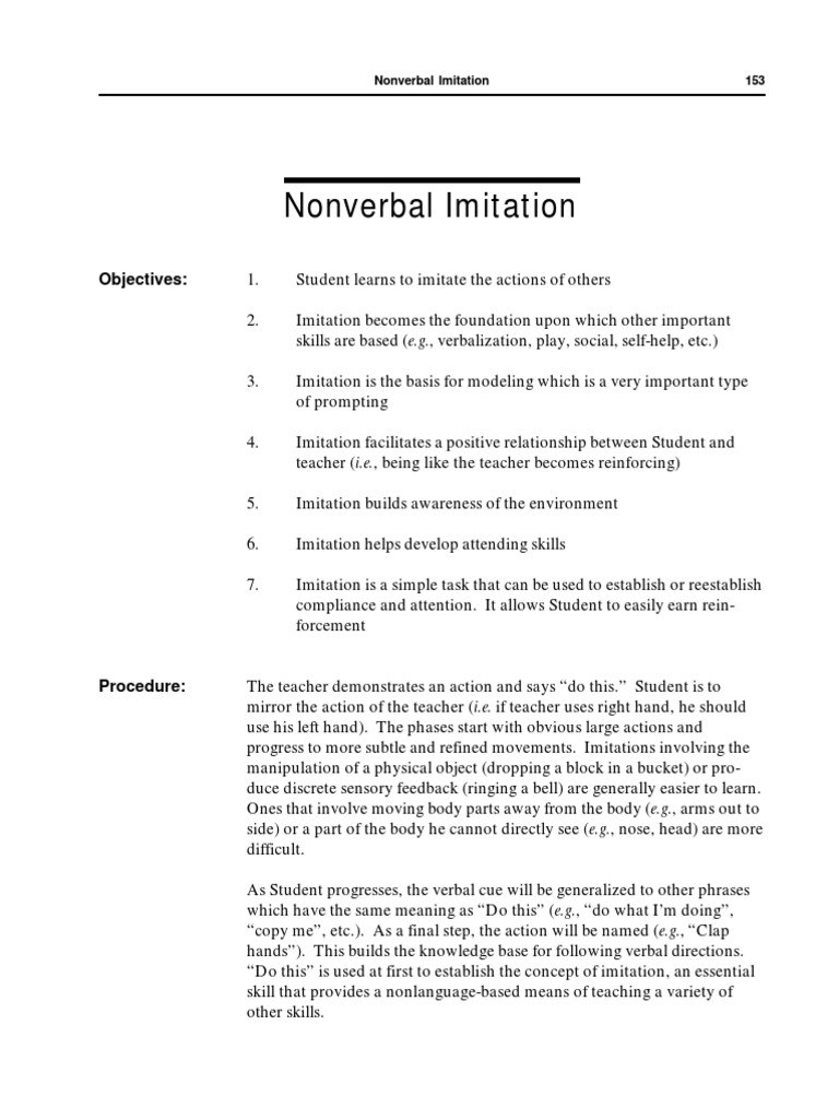 Nonverbal Imitation: Objectives | PDF | Imitation | Nonverbal Communication