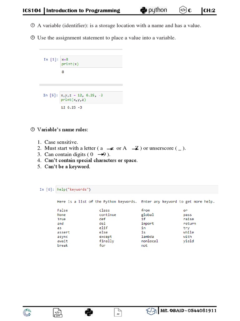 A Variable (Identifier) : Is A Storage Location With A Name and Has A ...