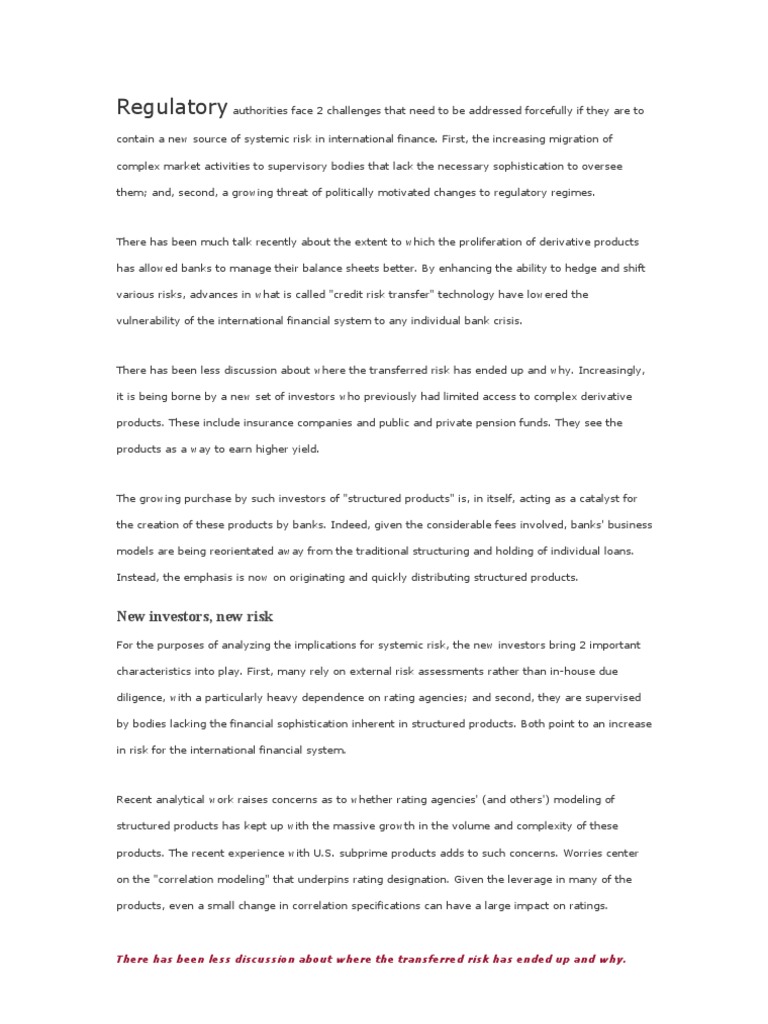 Latest on Financial Regulation: Mitigating Systemic Risk from the ...