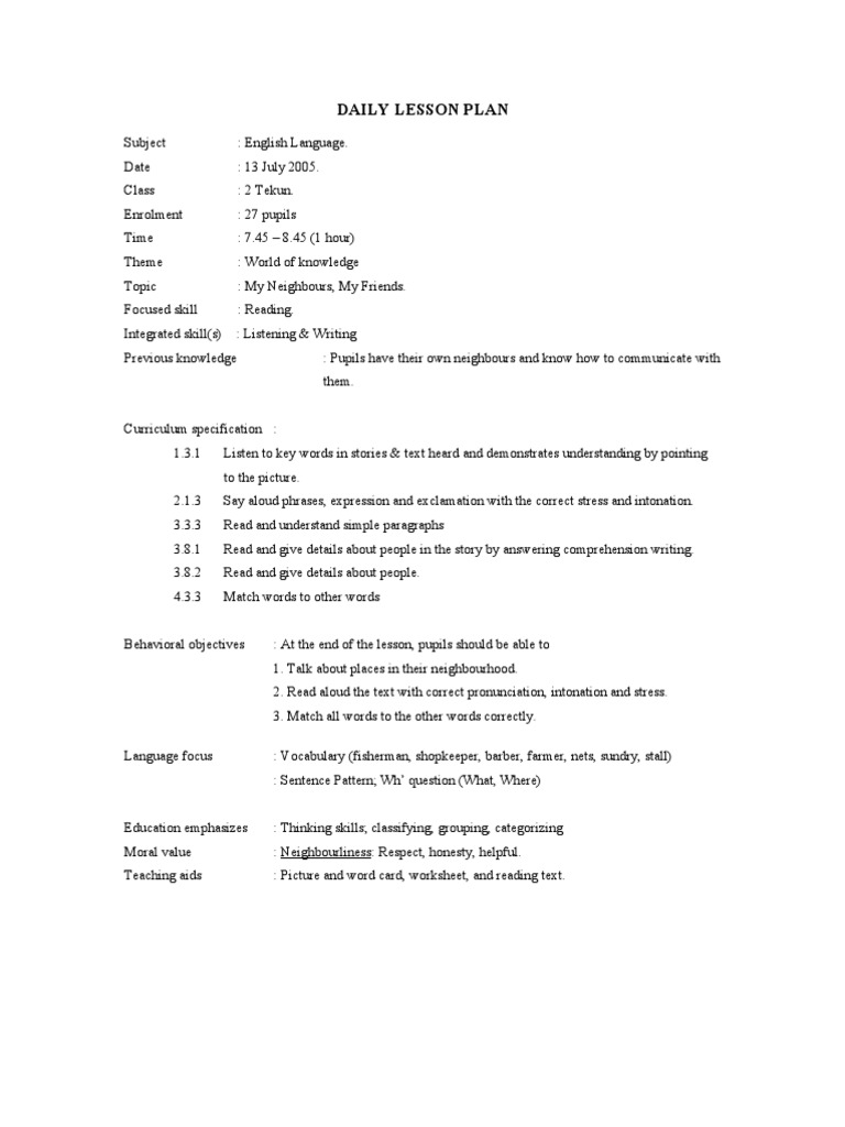 Lesson Plan Year 2 - Neighbourhood | PDF | Reading (Process) | Lesson Plan