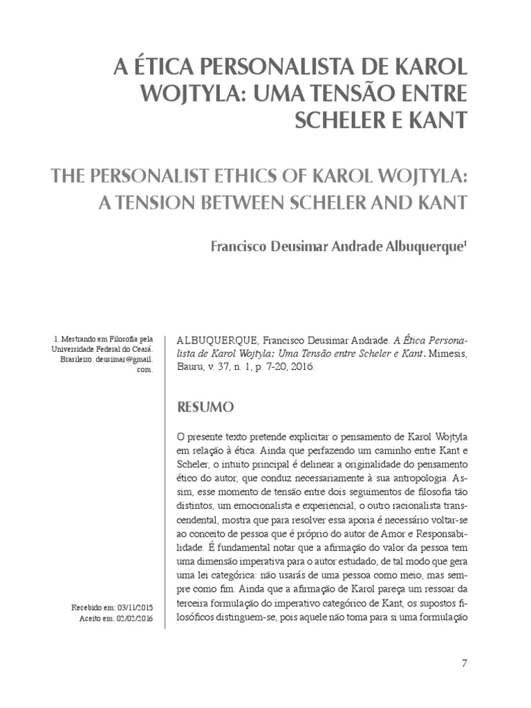 A Ética Personalista de Karol Wojtyla - Uma Tensão Entre Scheler e Kant ...