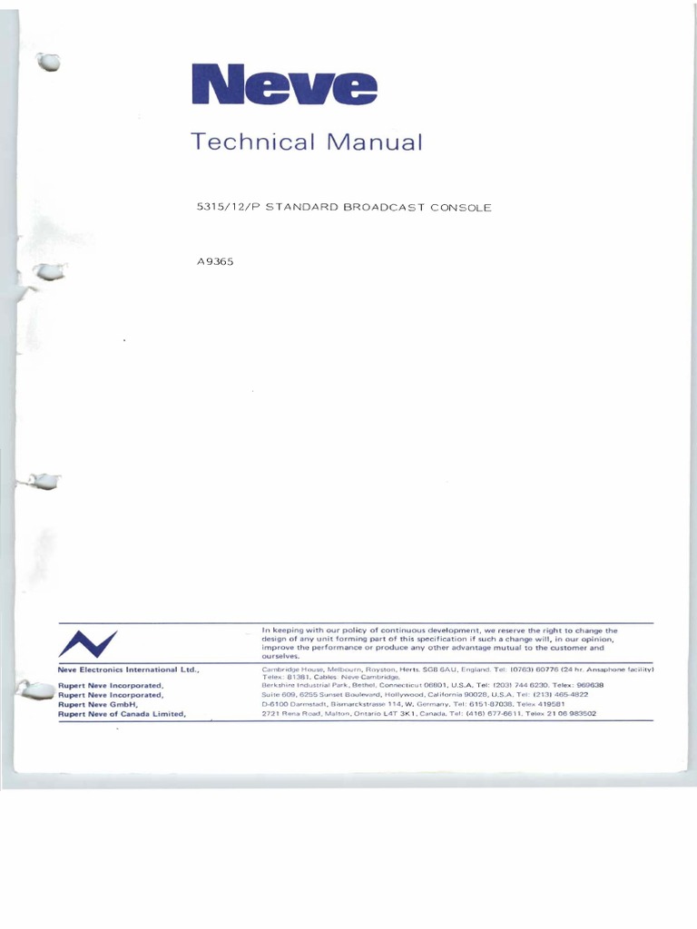 Neve Technical Manual 5315-12-P Standard Broadcast Console | PDF ...