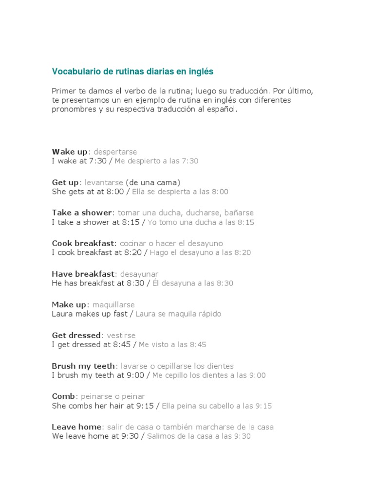 Vocabulario de rutinas diarias en inglés | PDF