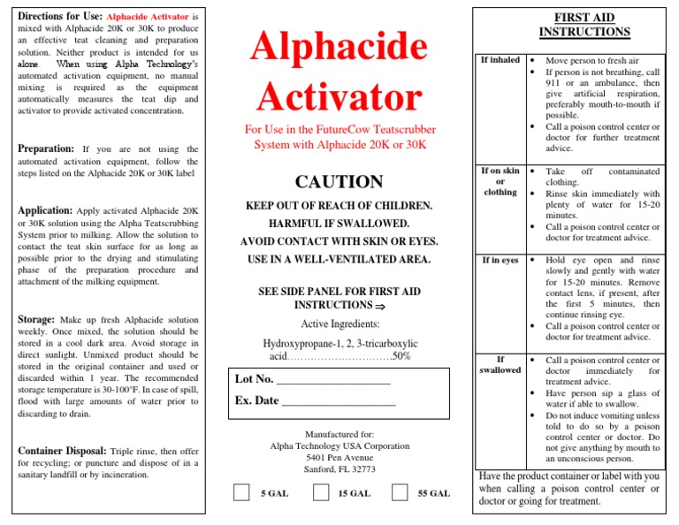 Alphacide Activator Label | PDF | First Aid | Materials