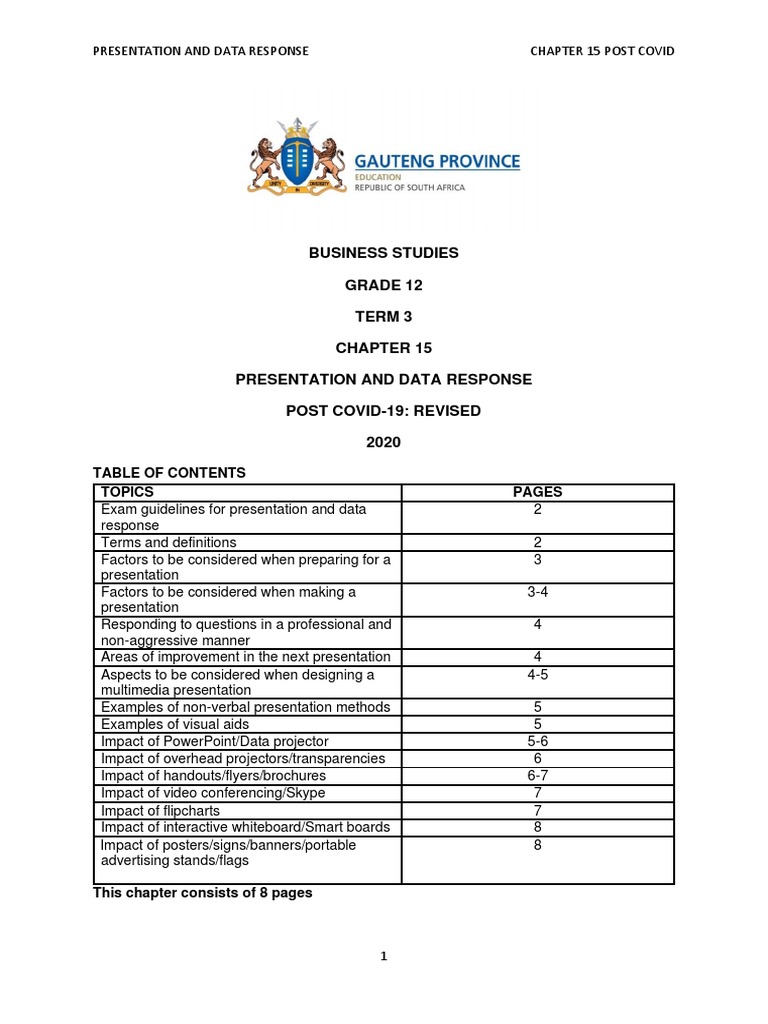 Revised Chapter 15 Post Covid BSTD Grade 12 Notes On Presentation and ...