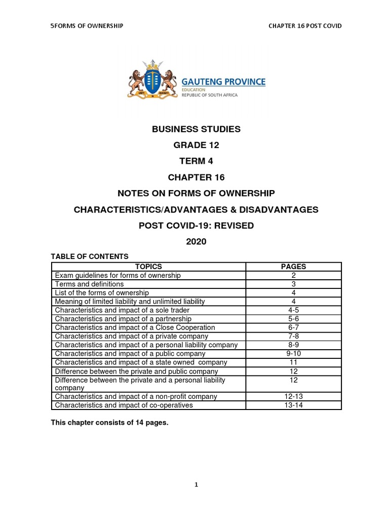 Revised Chapter 16 Post Covid Bstd Grade 12 Notes On Forms Of Ownership 