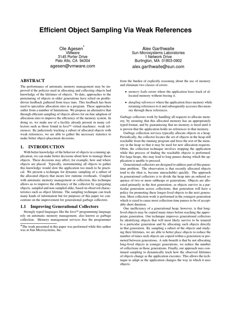 Efficient Object Sampling Via Weak References: Ole Agesen Alex ...