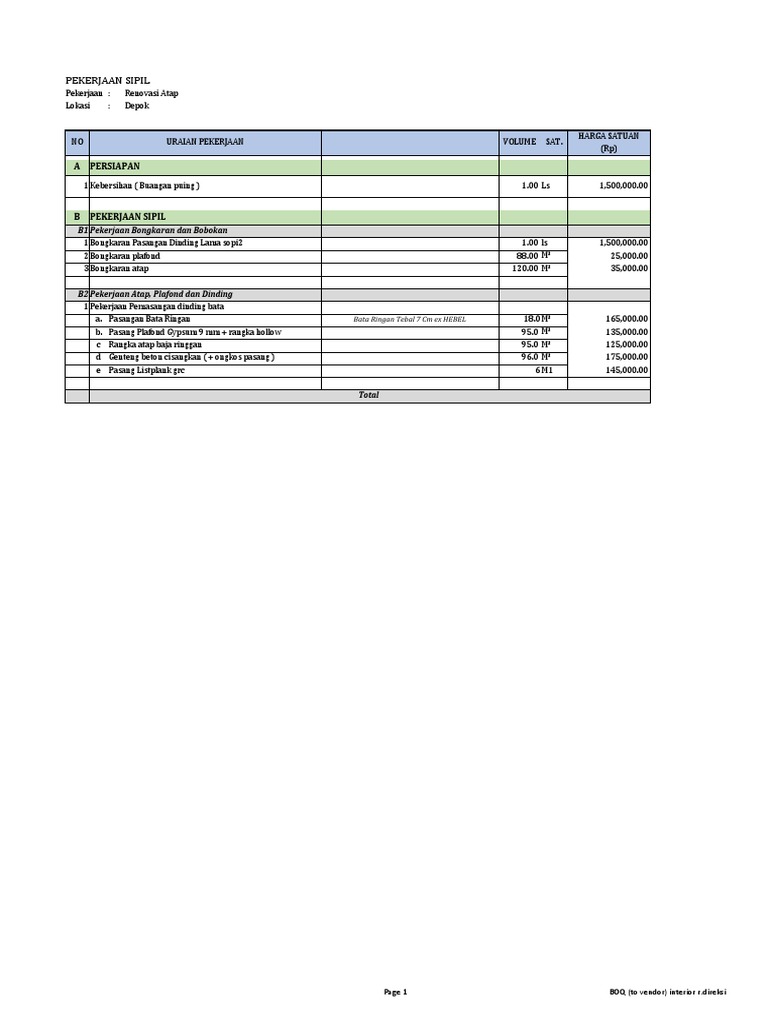Boq Renovasi Atap | PDF