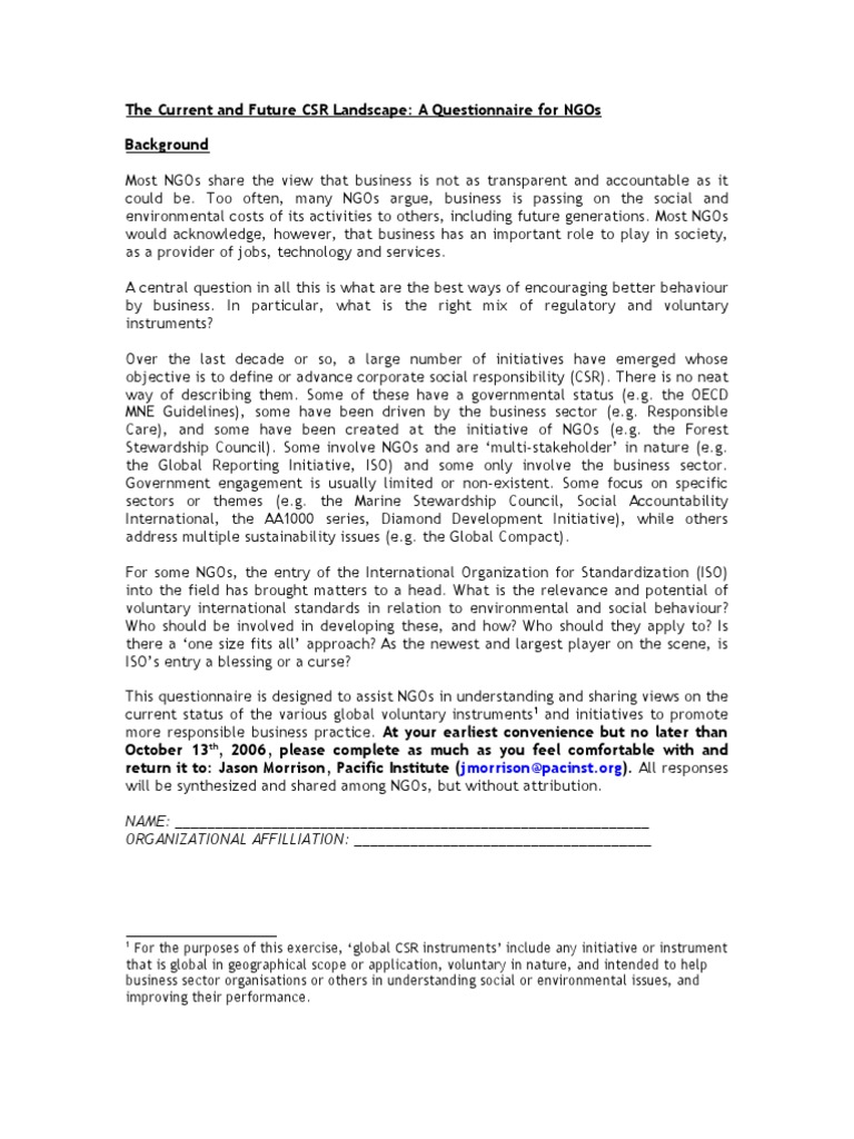 CSR Landscape Questionnaire | PDF | Corporate Social Responsibility ...