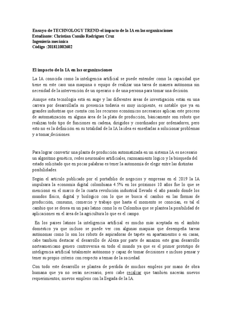 Ensayo de Inteligencia Artificial | PDF | Inteligencia artificial ...