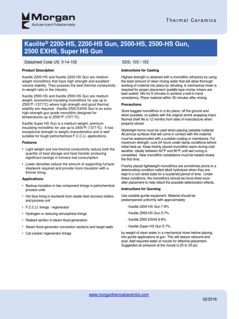 Kaolite 2200-HS, 2200-HS Gun, 2500-HS, 2500-HS Gun, 2500 EXHS, Super HS ...