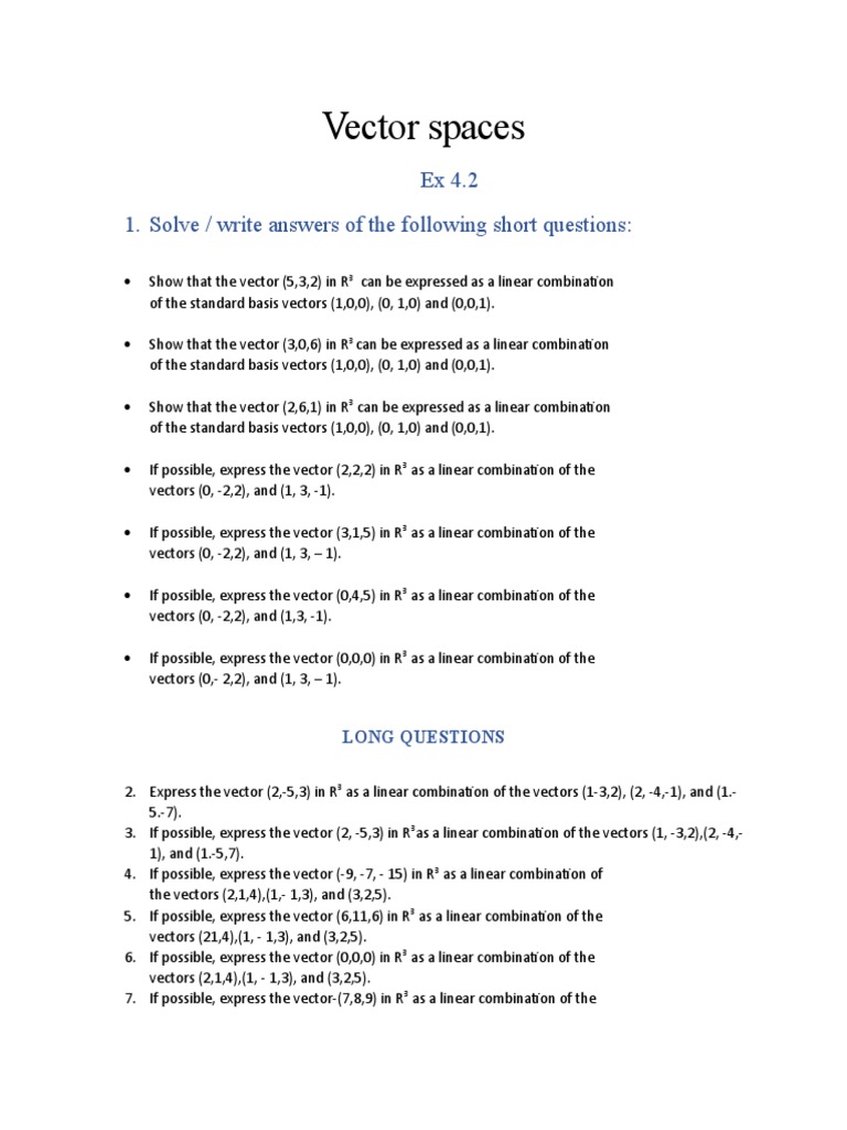 Vector Spaces: Ex 4.2 1. Solve / Write Answers of The Following Short ...