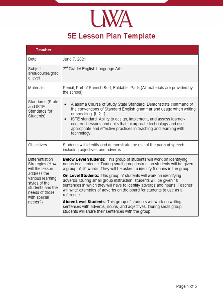 5E Lesson Plan Template: Teacher | PDF | Adverb | Part Of Speech