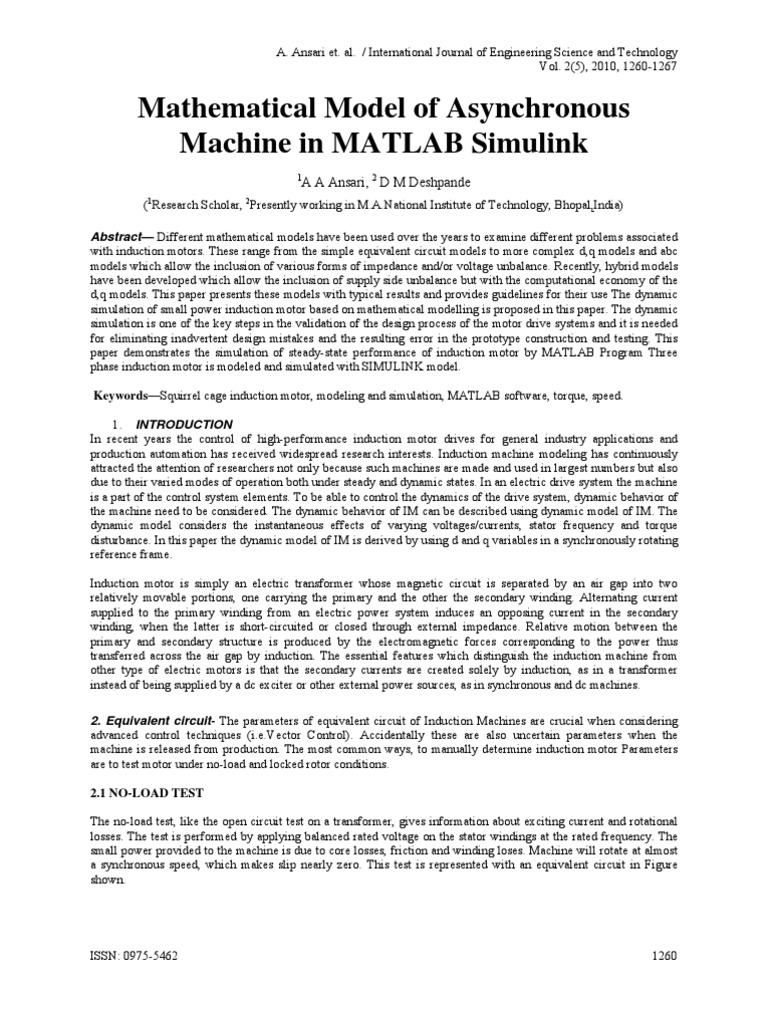 Mathematical Model of Asynchronous Machine in MATLAB Simulink | PDF