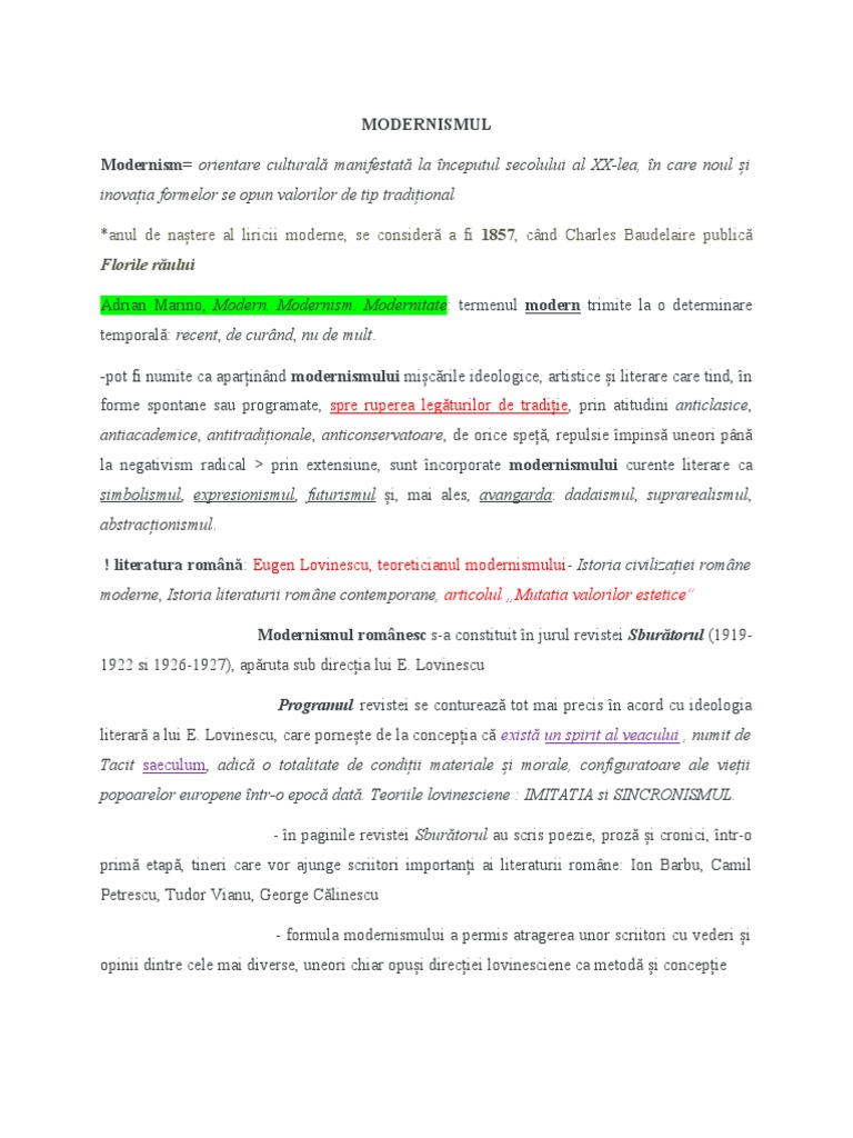 MODERNISMUL - Fișă Teoretică | PDF