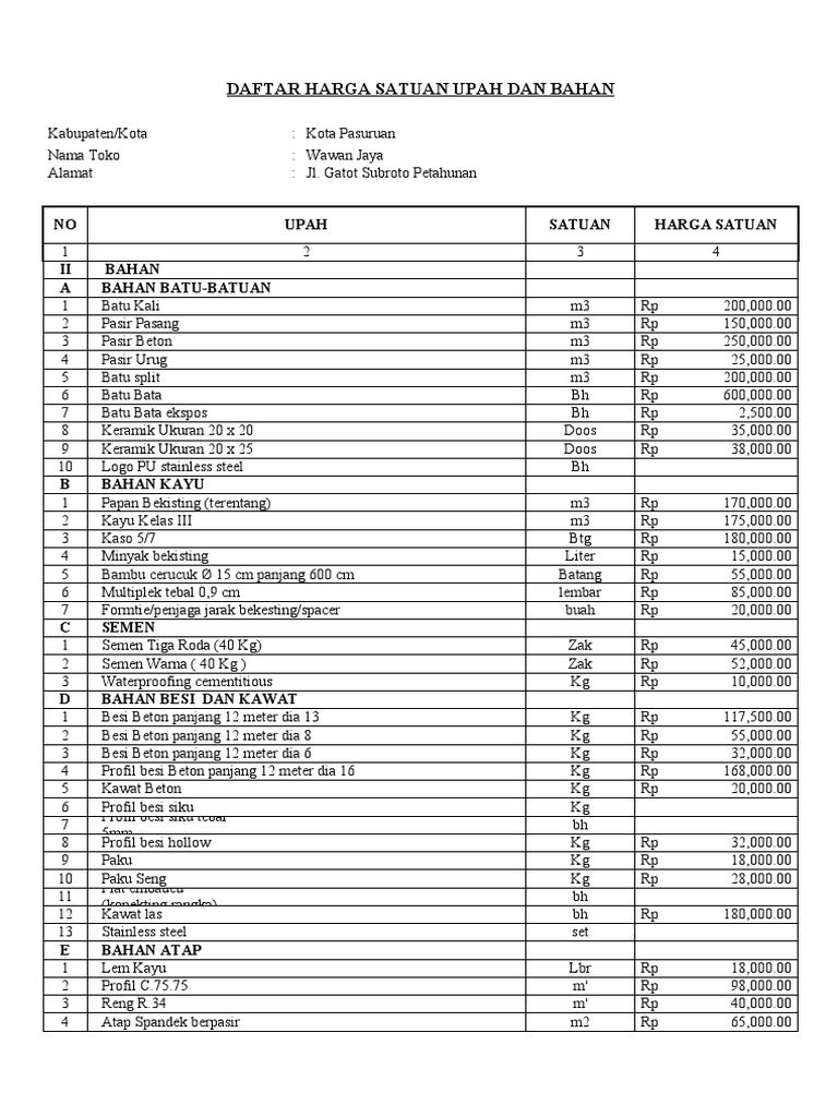 Harga Bahan - MCK LPK - Ok | PDF