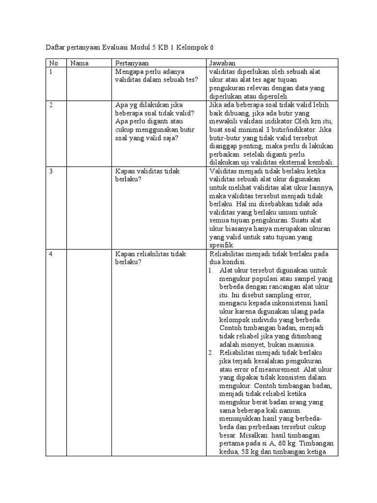 Daftar Pertanyaan Evaluasi Modul 5 KB 1 | PDF