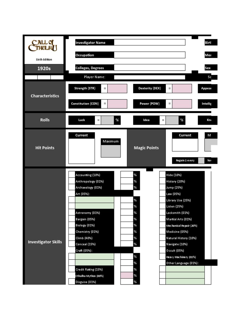 Call of Cthulhu - 1920s Character Sheet | PDF | Leisure | Weaponry