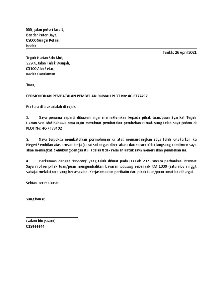 Surat Batal Pembelian Rumah TMN Mutiara | PDF