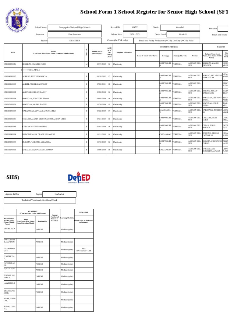 School Form 1 School Register For Senior High School (SF1-SHS) | PDF