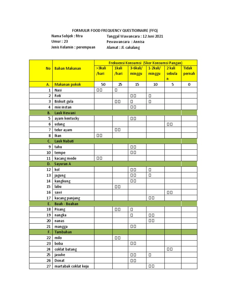Formulir Food Frequency Questioinaire | PDF