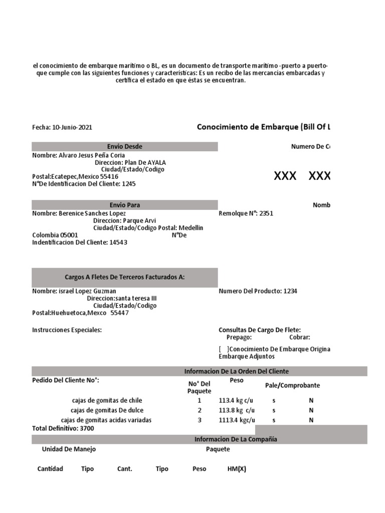 Modelo de Conocimiento de Embarque Marítimo | PDF | Guía de carga | Documentos empresariales