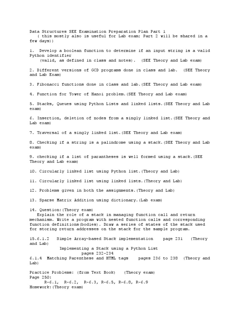 Theory and Lab Exam Preparation Plan For DSA | PDF | Subroutine | String (Computer Science)