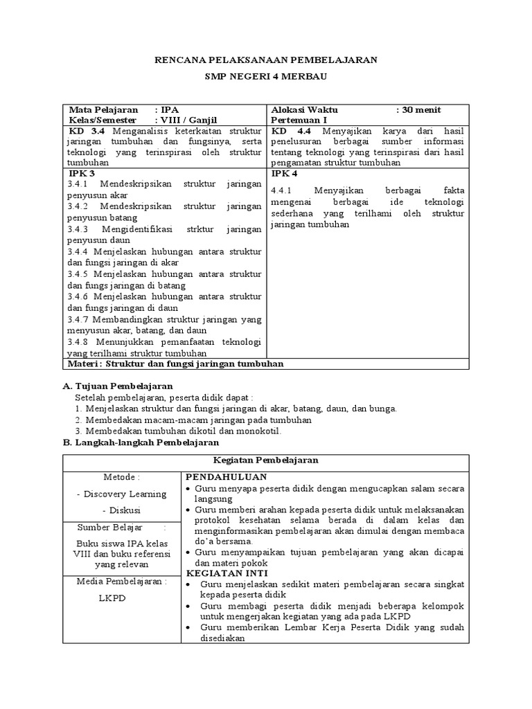 RPP Struktur Jaringan Tumbuhan | PDF