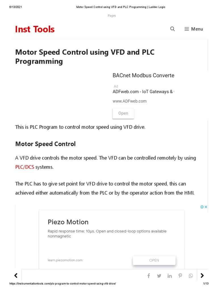 Motor Speed Control Using VFD and PLC Programming - Ladder Logic | PDF ...