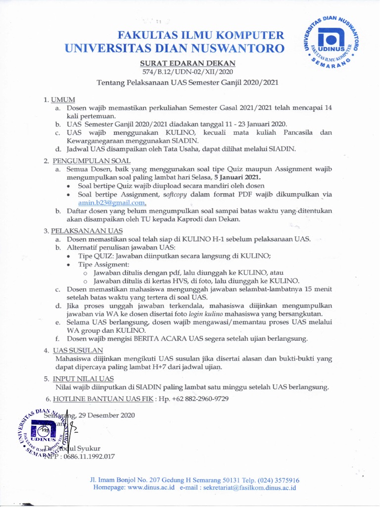 Edaran Uas 2020-2021 Untuk Dosen Fik | PDF