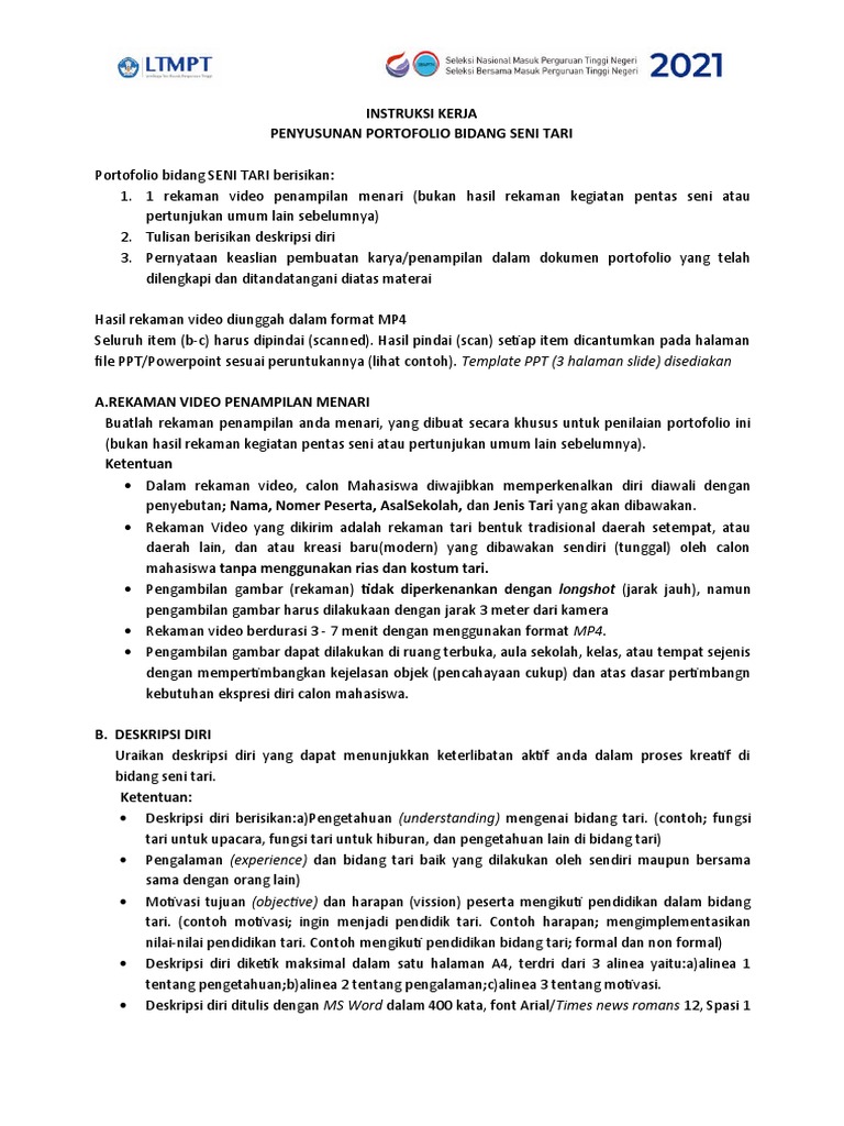03 Instruksi Kerja Penyusunan Portofolio Senitari (2021) | PDF