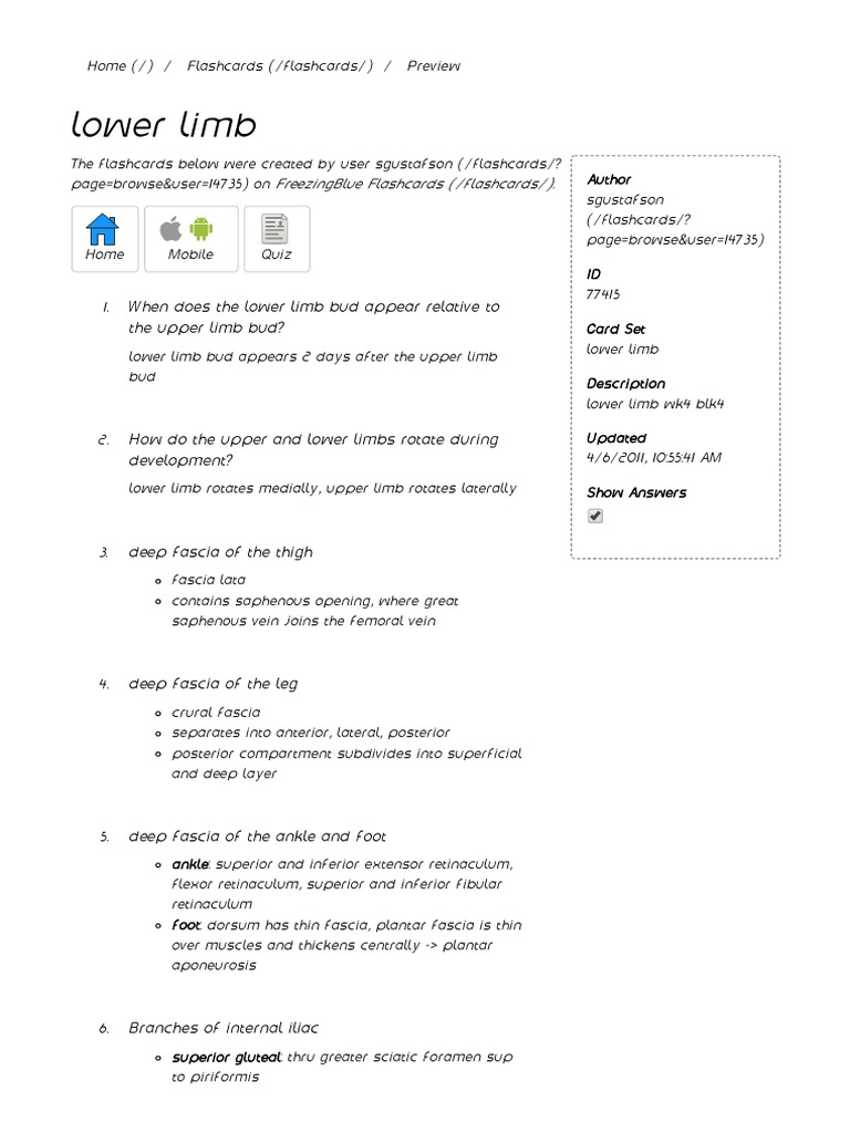 Flashcards - Lower Limb | PDF | Human Leg | Lower Limb Anatomy
