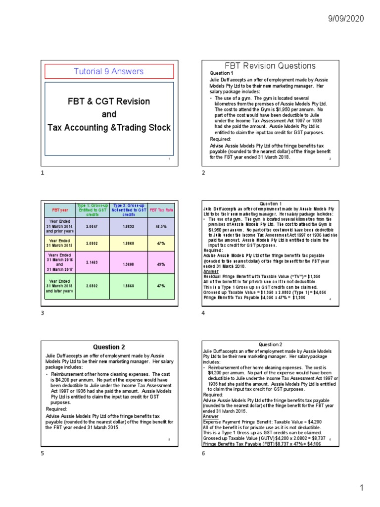 ACC708 Tutorial 9 Answers FBT, CGT Rev & TaxAcc, TradStock Six Per Page ...